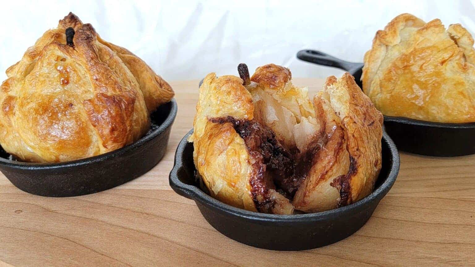 Chocolate Filled Poached Pears in Puff Pastry